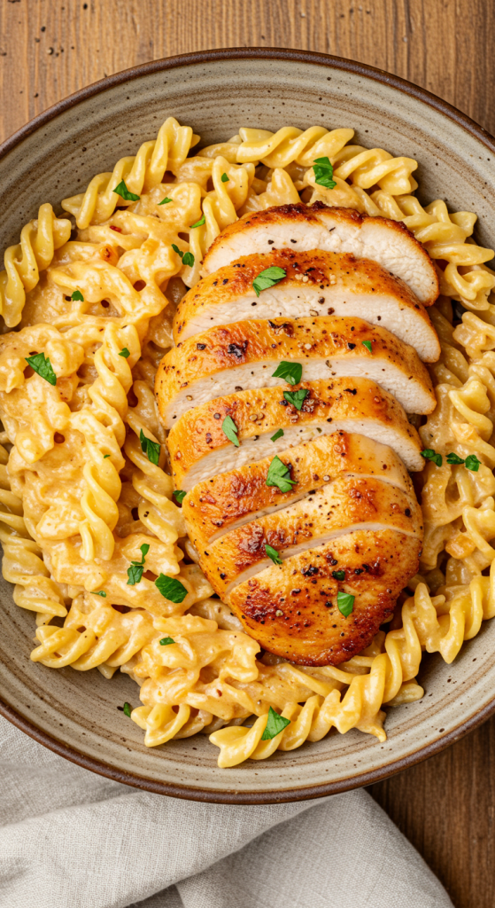Garlic Butter Chicken over Cheesy Cajun Rotini