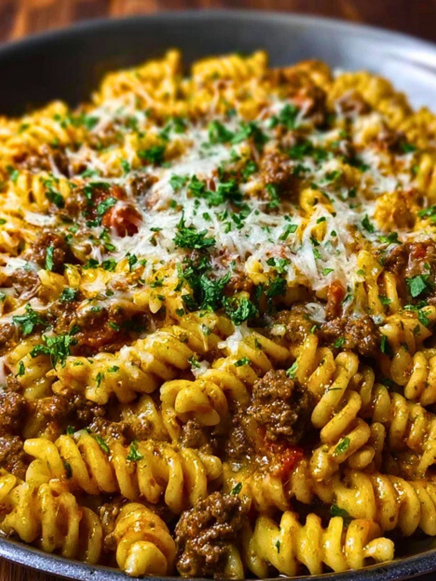 Cheesy Rotini Pasta with Garlic Butter Sauce and Ground Beef