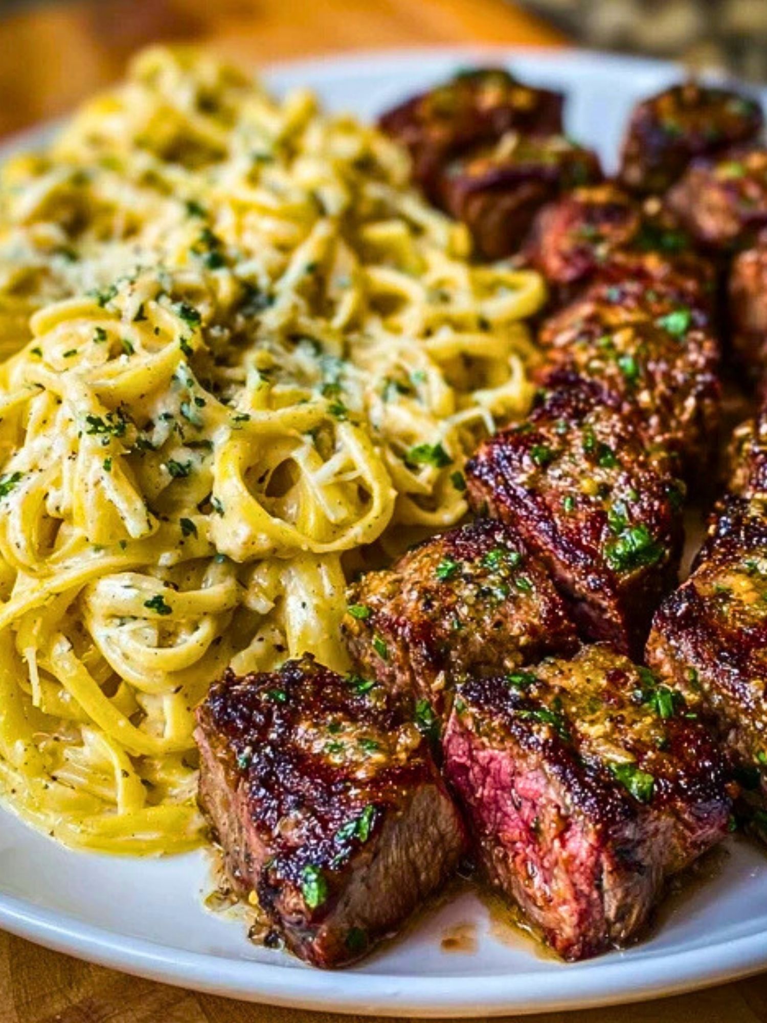 Garlic Butter Steak with Cheesy Linguine in Four-Cheese Sauce