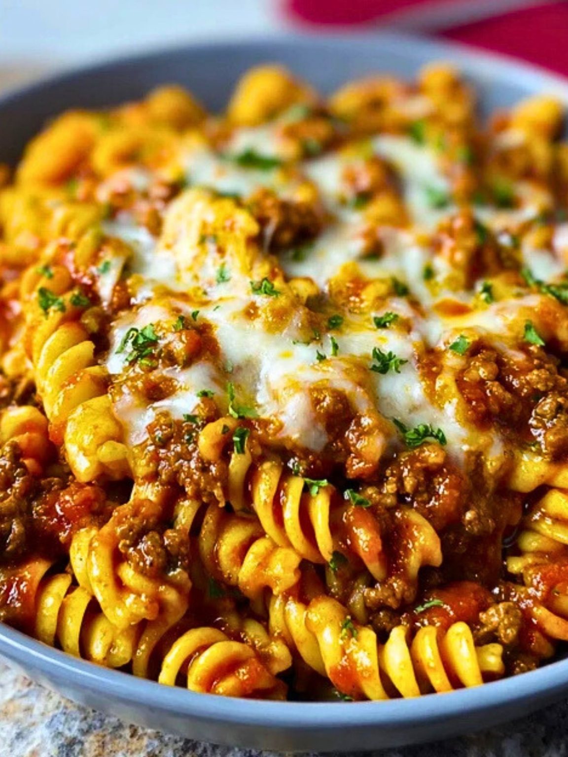 Cheesy Velveeta Rotini with Italian Beef Marinara - Nina Dishes