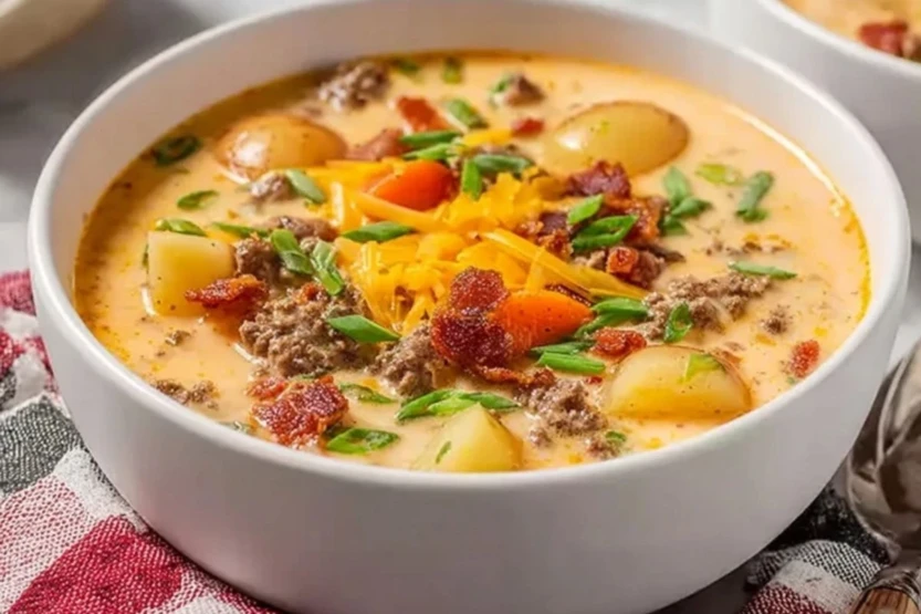 Homemade Cheeseburger Soup with Baby Potatoes
