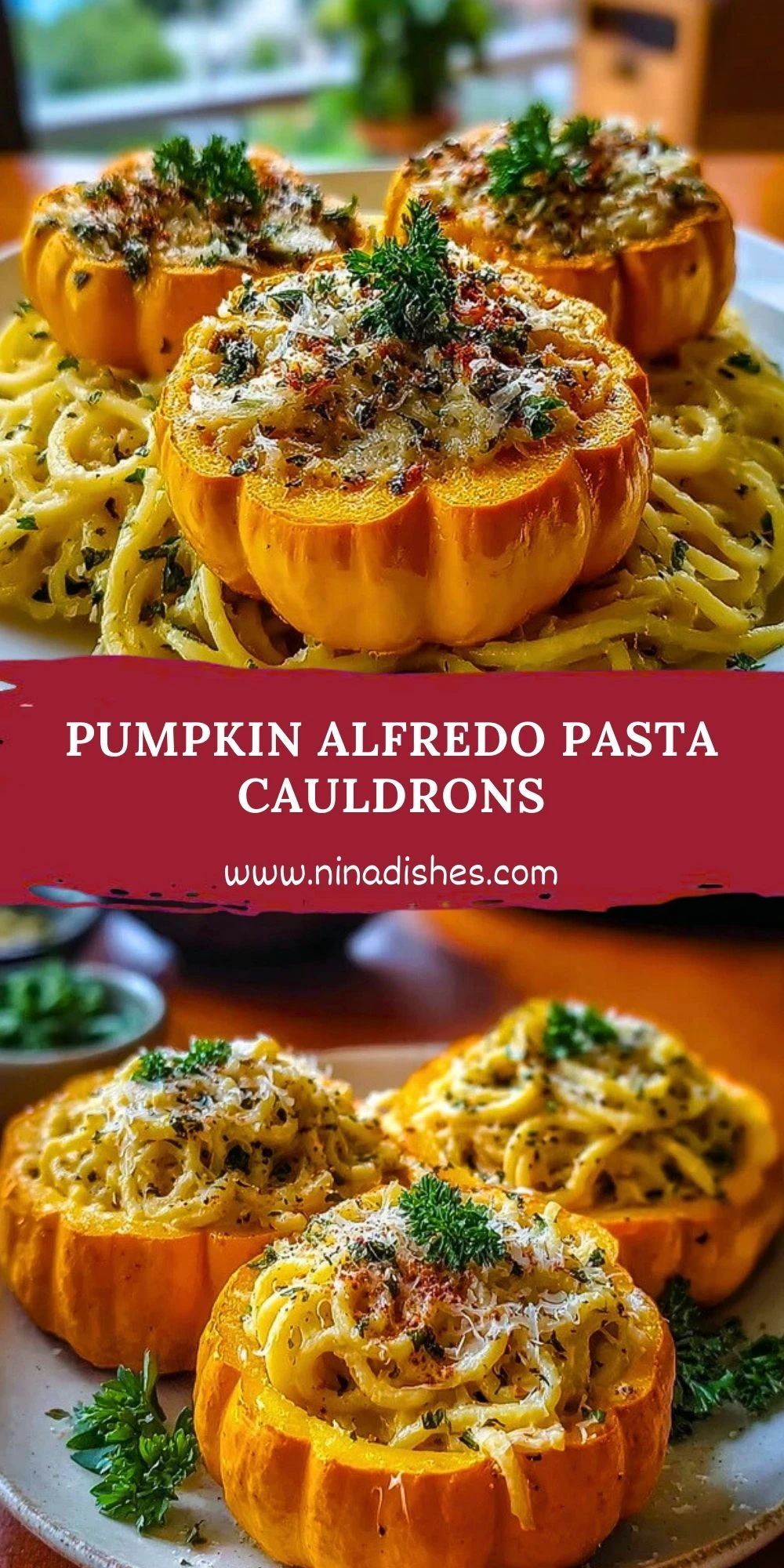 Pumpkin Alfredo Pasta Cauldrons
